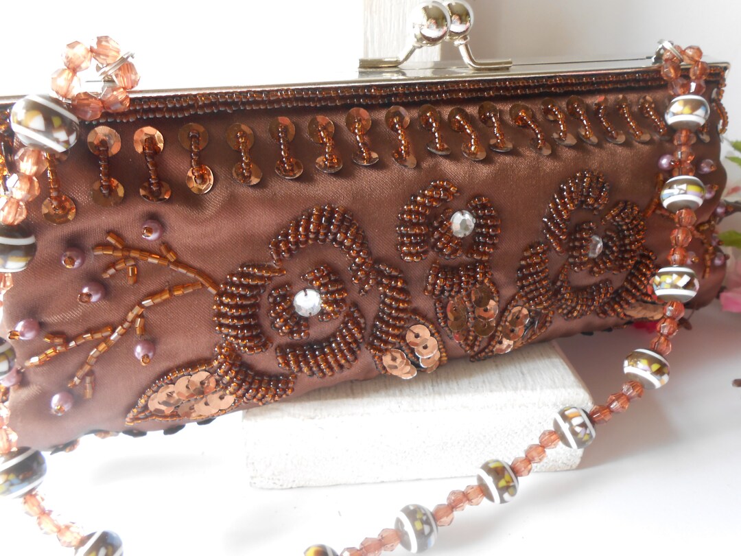 Vintage Beaded Evening Bag, Brown Copper Clutch Bag, Jewel Color ...