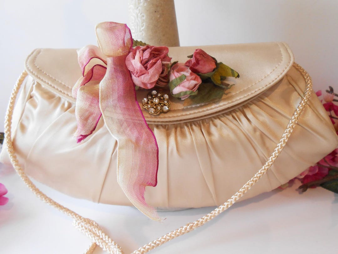 Champagne Satin Evening Bag, Floral Accents, EB-0736 - Etsy