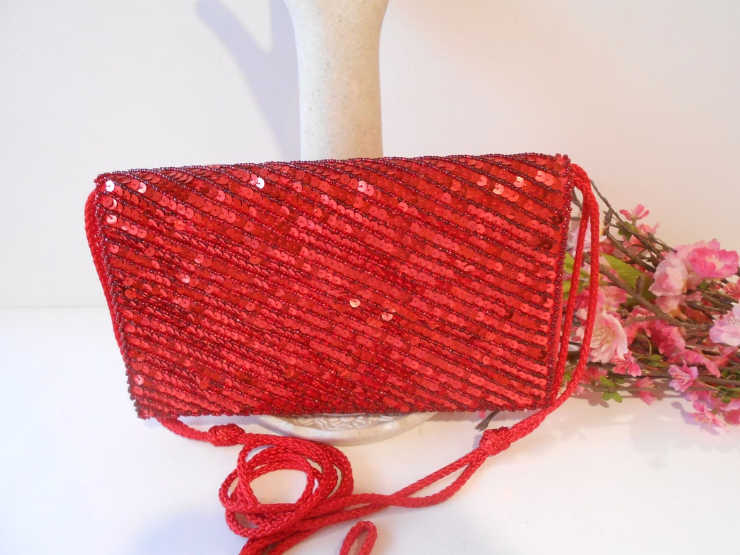 Vintage Red Beaded Evening Clutch Bag, Taffeta Sequin Purse - Etsy