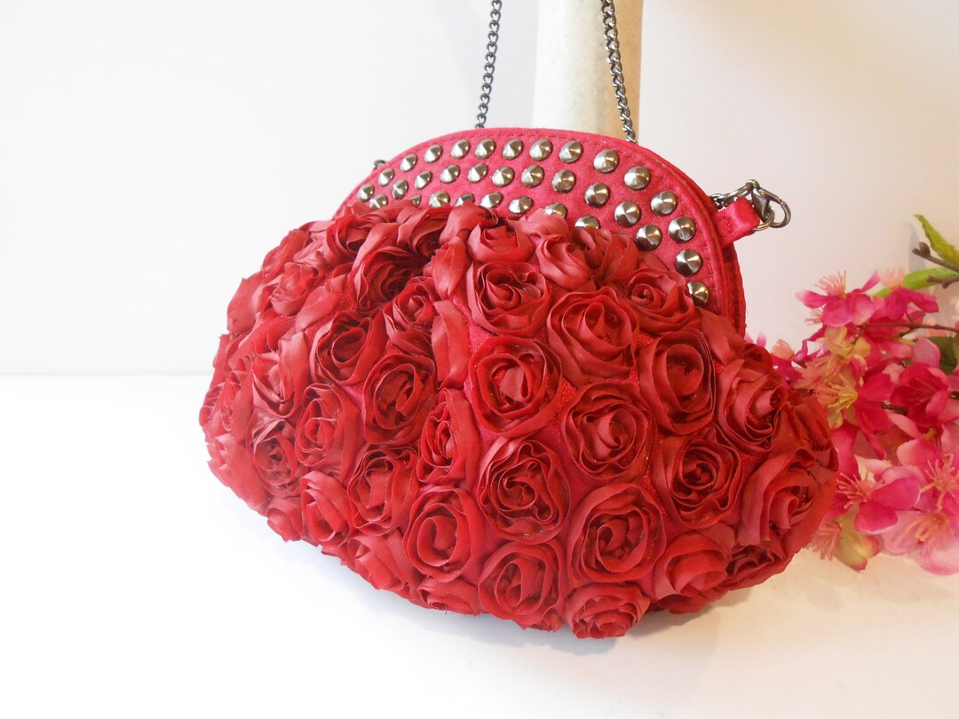 Vintage Red Evening Bag Floral Trim, Red Clutch Bag, Holiday Handbag ...