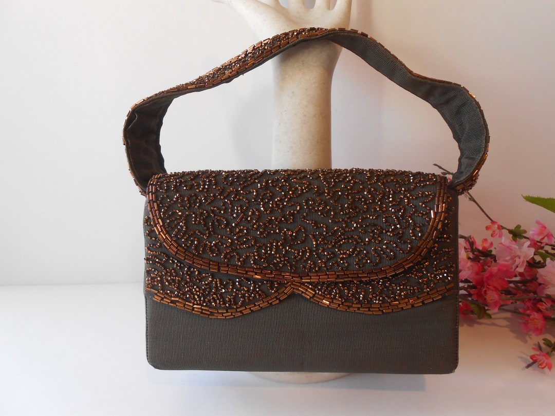 Copper Beaded Evening Bag, Brown Faille Bag Copper Beading, Vintage ...