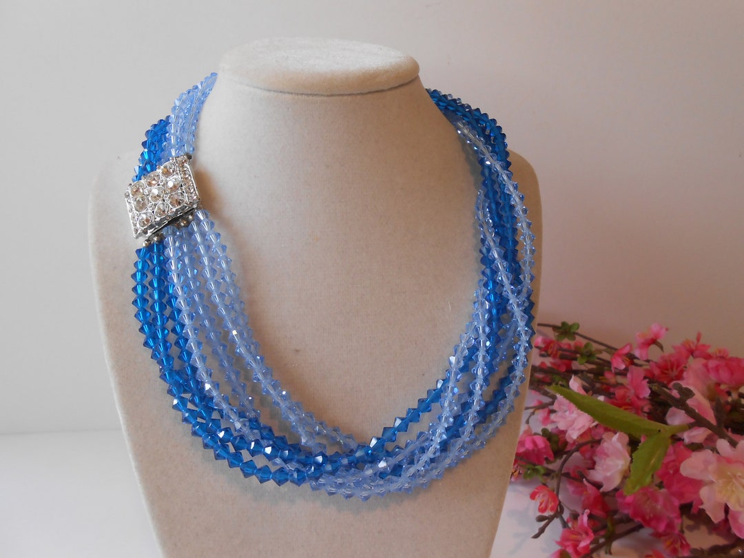 Blue Crystal Bead Necklace, Rhinestone Clasp, 7 Strand Blue Necklace ...