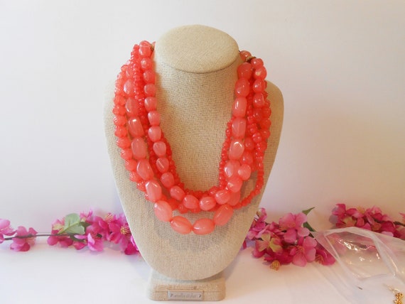 Watermelon Red Bead Necklace, 5 Strand Necklace, Colo… - Gem