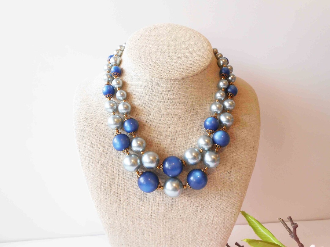 Pearl Necklace Shades of Blue, Double Strand Necklace, Blue Pearl Beads ...