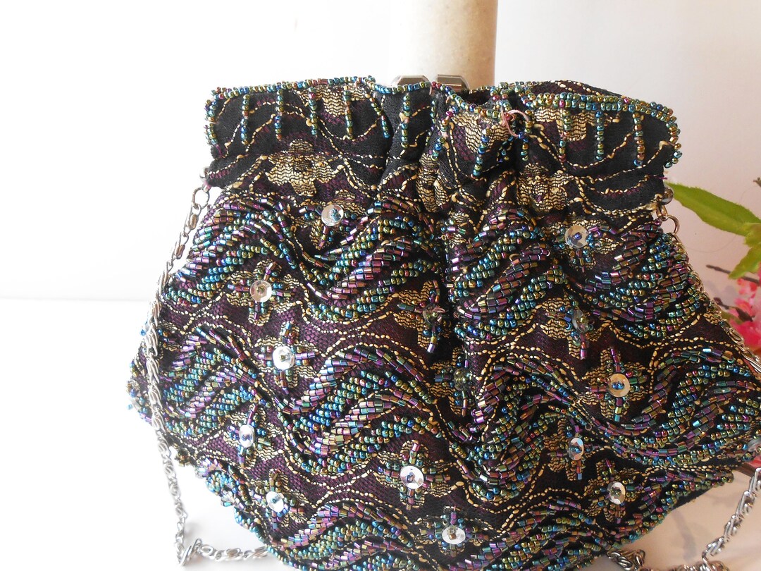 Black Evening Bag Multi Color Beading, Teal Purple Gold Beading ...