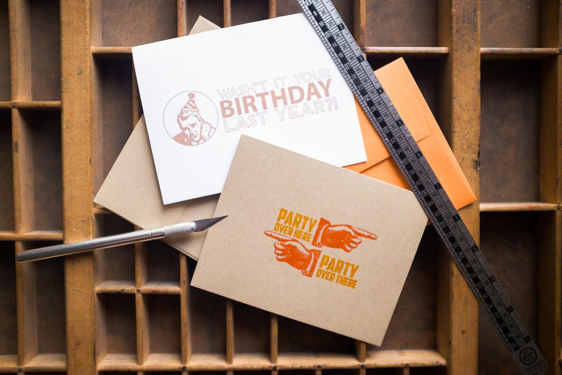 Party Over Here Party Over There / Birthday Card / Letterpress Card ...