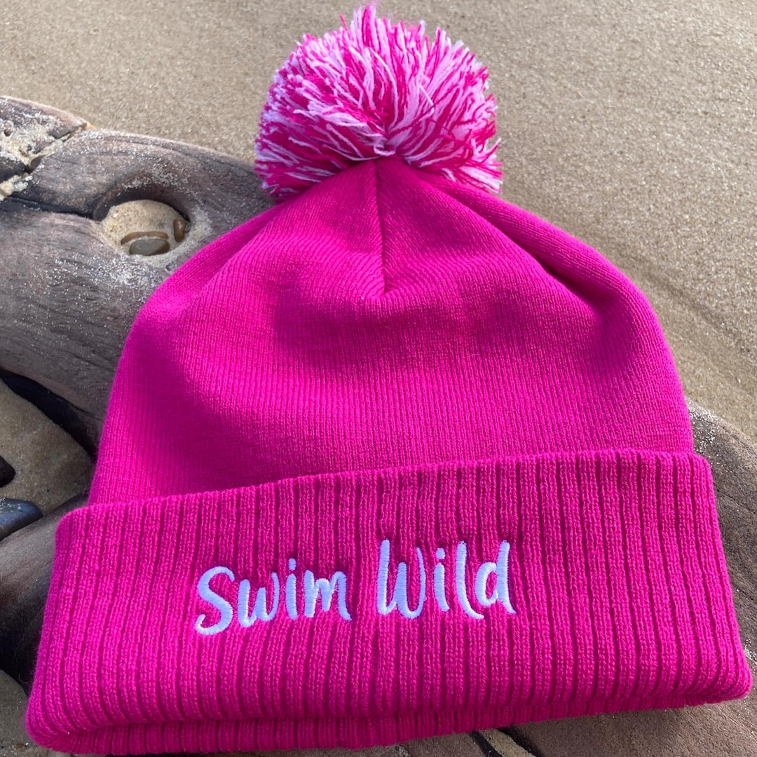 Swim Wild Wild Swimming Bright Pink Embroidered Bobble Hat - Perfect ...