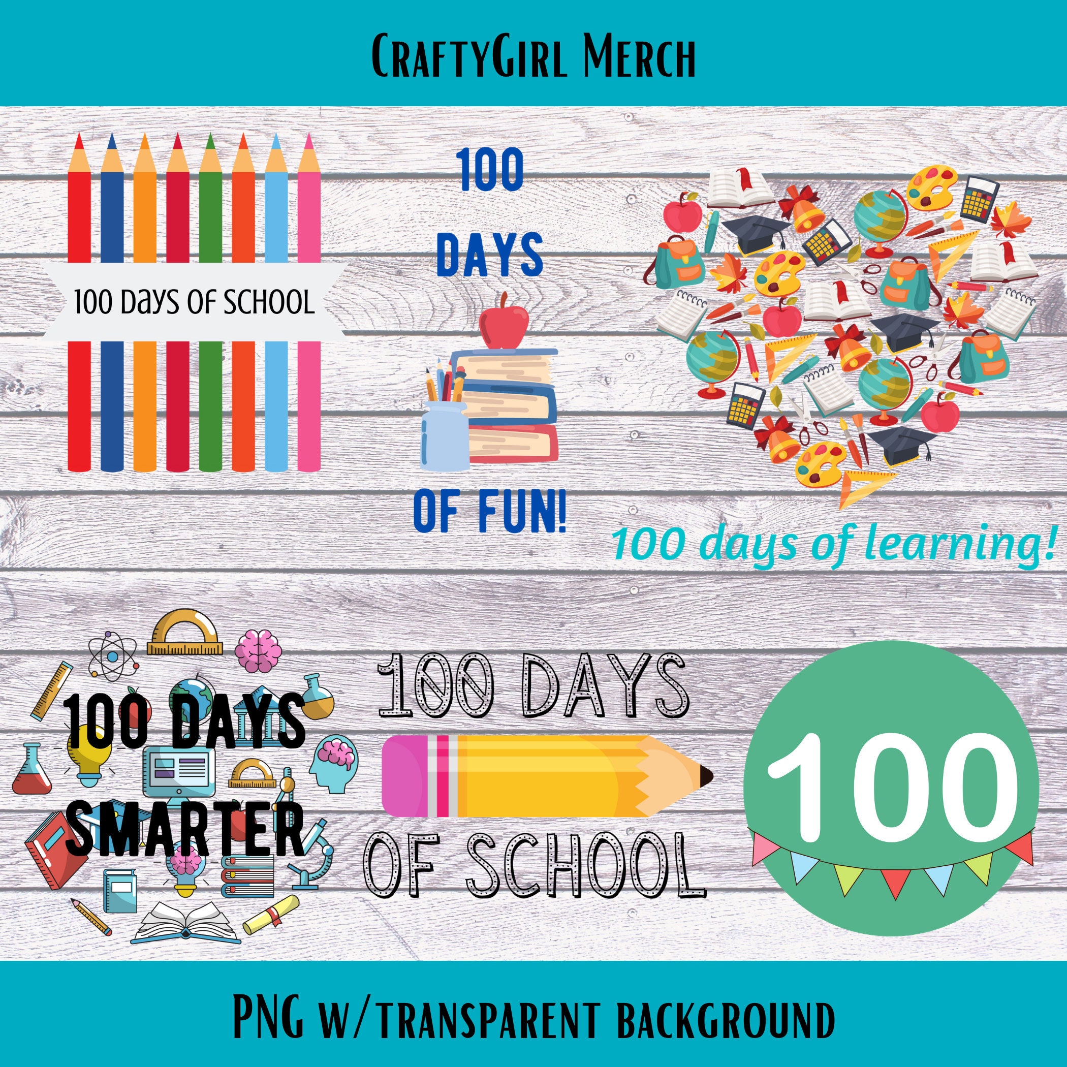 100 Days of School Png Bundle, 100 Days Smarter Png, PNG for ...