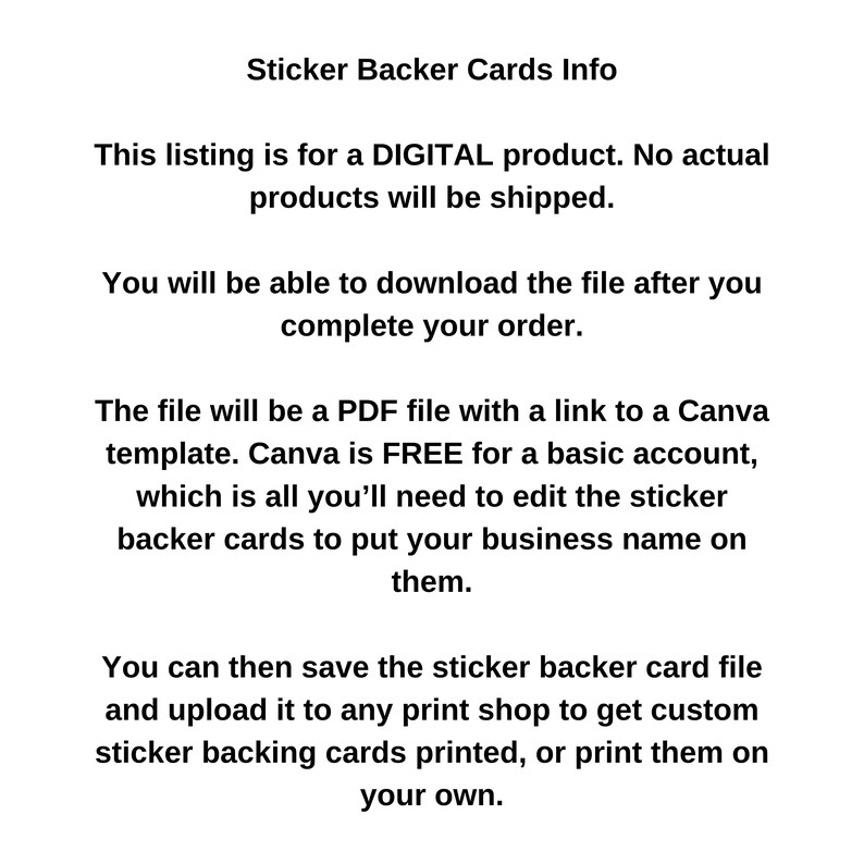 Sticker Backing Card Template, Canva Template, Small Business Supplies ...