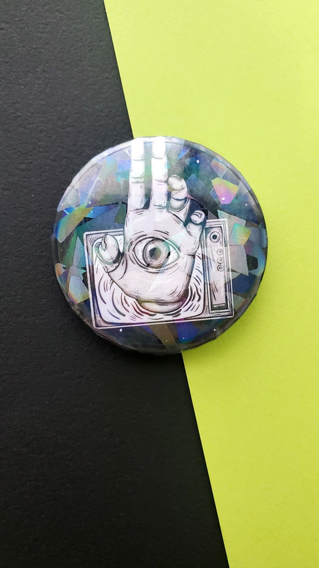 Holographic Pinback Button, Tv Hand, into a New Dimension - Etsy