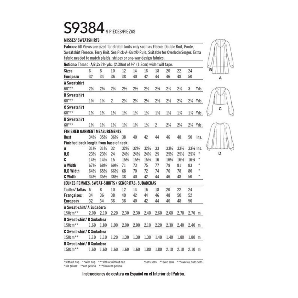 Simplicity 9384 Sewing Pattern for Sweatshirts and Hoodies - Etsy