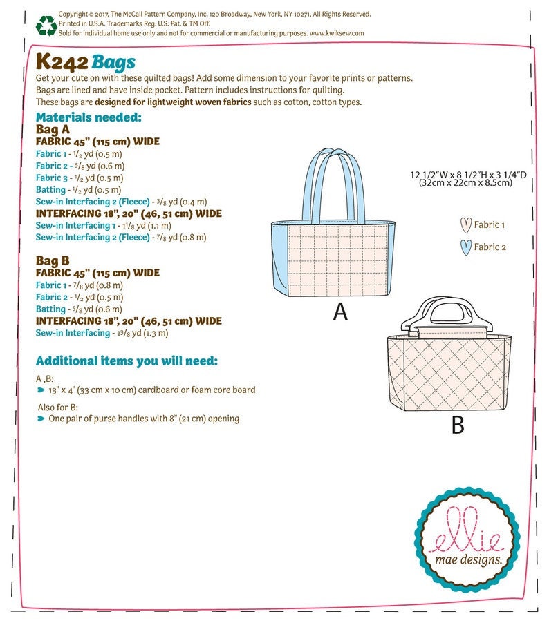 Kwik Sew 242 Quilted Bags Sewing Pattern, New Uncut, Bags, K242, 0242 ...