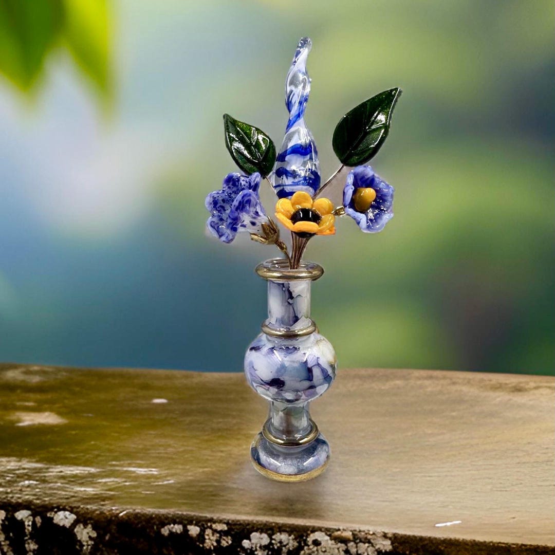 Blue and Yellow Flowers With Spire Unique Mini Glass Bouquet With Vase ...