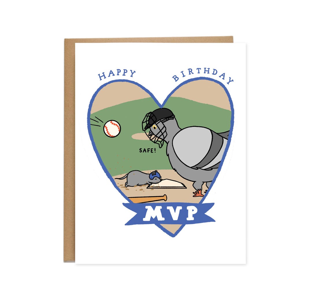MVP Baseball Birthday Card, Cute Baseball Fan Card, Pigeon, Rat - Etsy