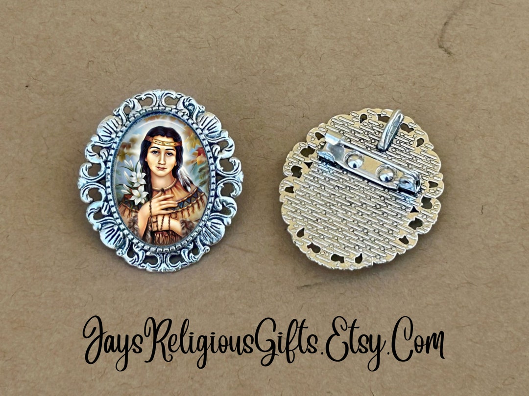 LARGE - Saint Kateri Tekakwitha Silver Brooch - Religious Portrait ...
