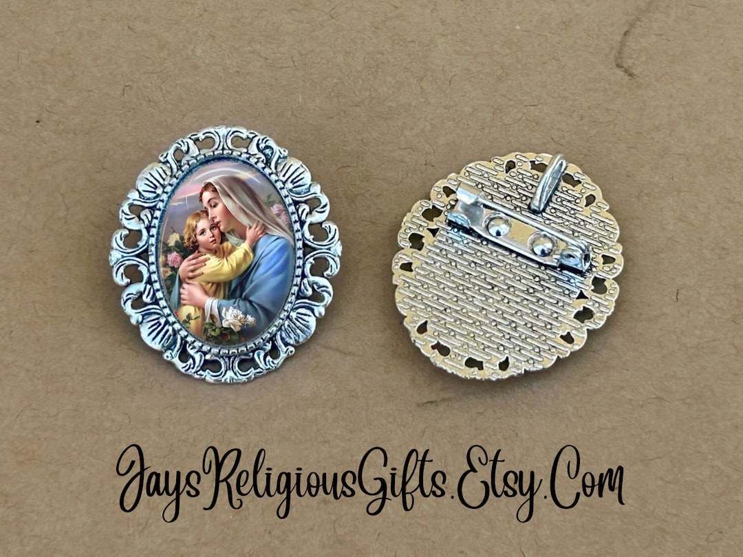 LARGE - Blessed Virgin Mary With Baby Jesus Silver Brooch - Religious ...