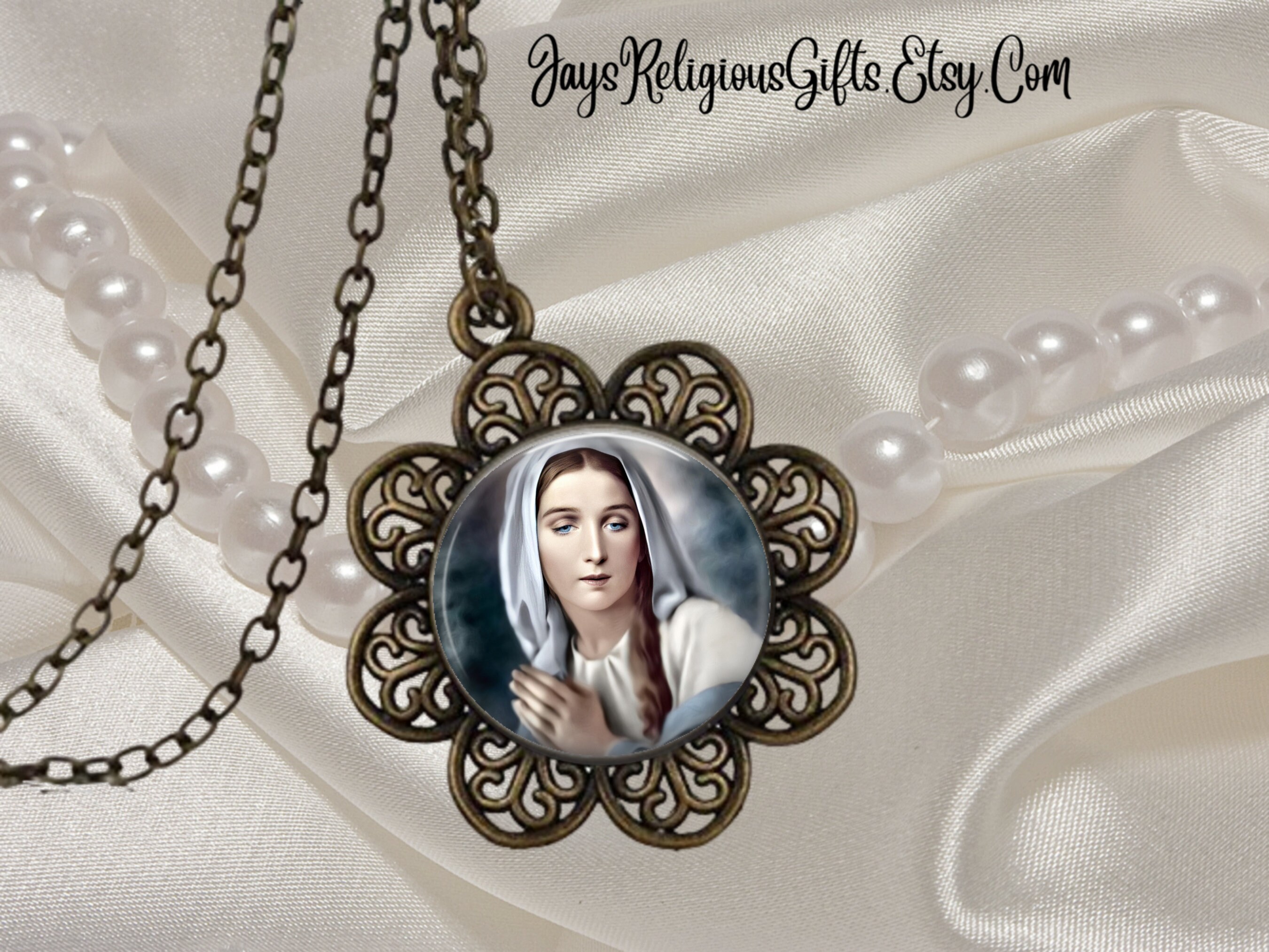Silver or Bronze Blessed Virgin Mother Mary Flower Necklace Catholic ...
