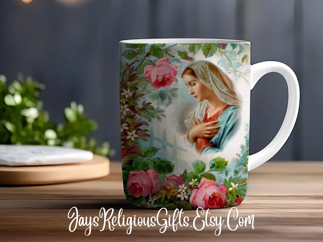 Blessed Virgin Mother Mary With Roses Plastic 11oz Coffee Mug ...