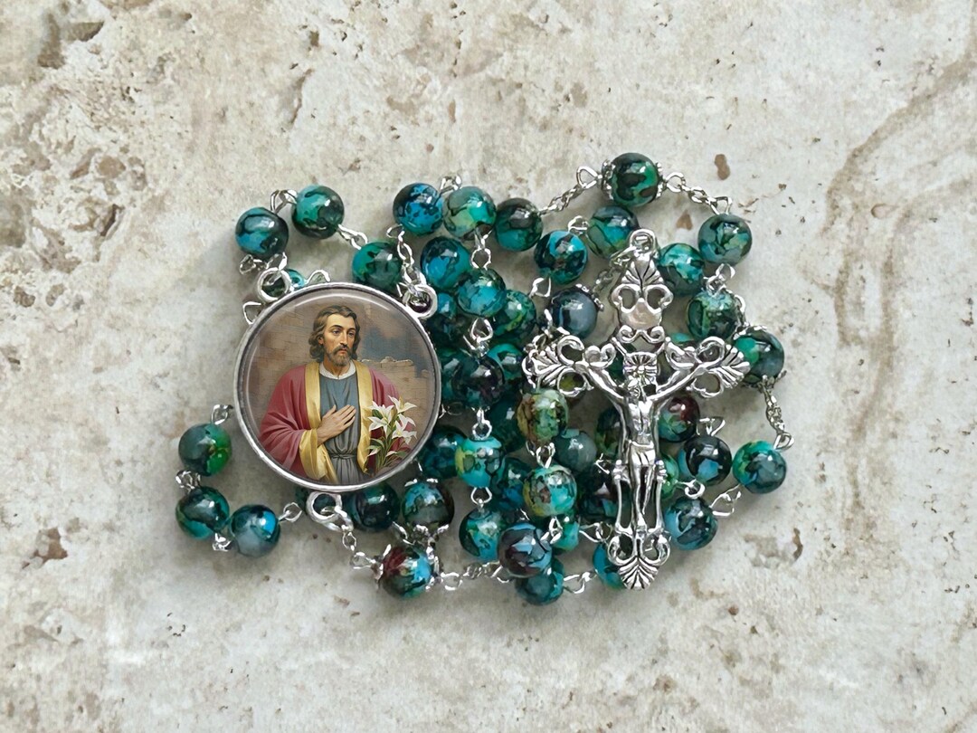Bronze or Silver - Saint Joseph Rosary - 8mm Multi Color Marble Glass ...