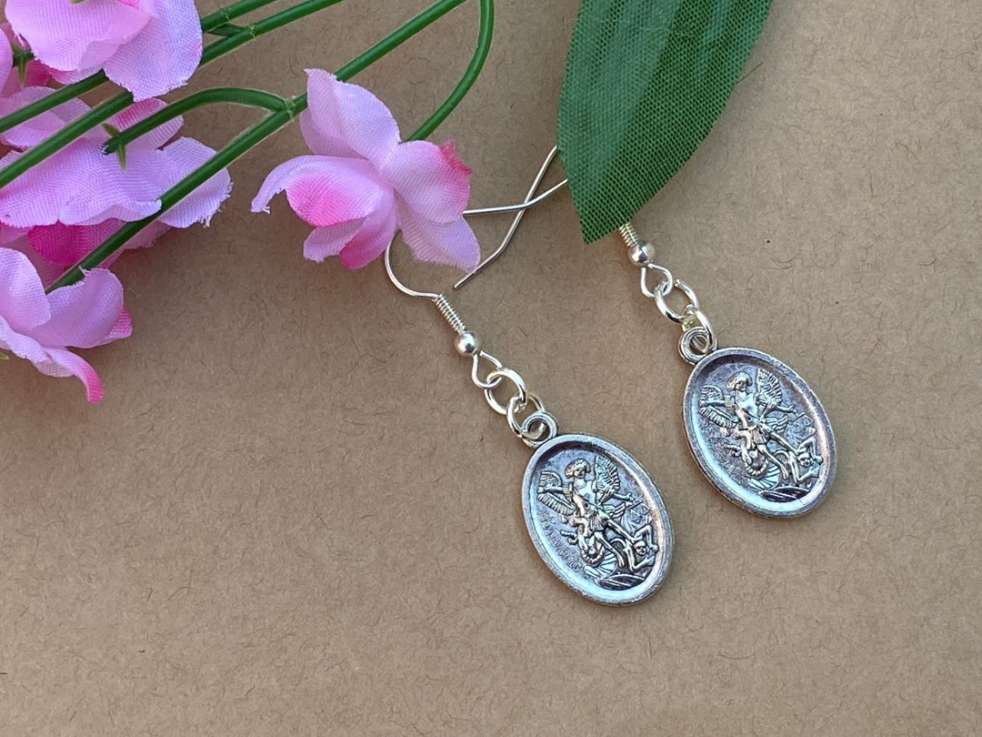 Saint Michael the Archangel Silver Dangle Earrings Religious Patron ...