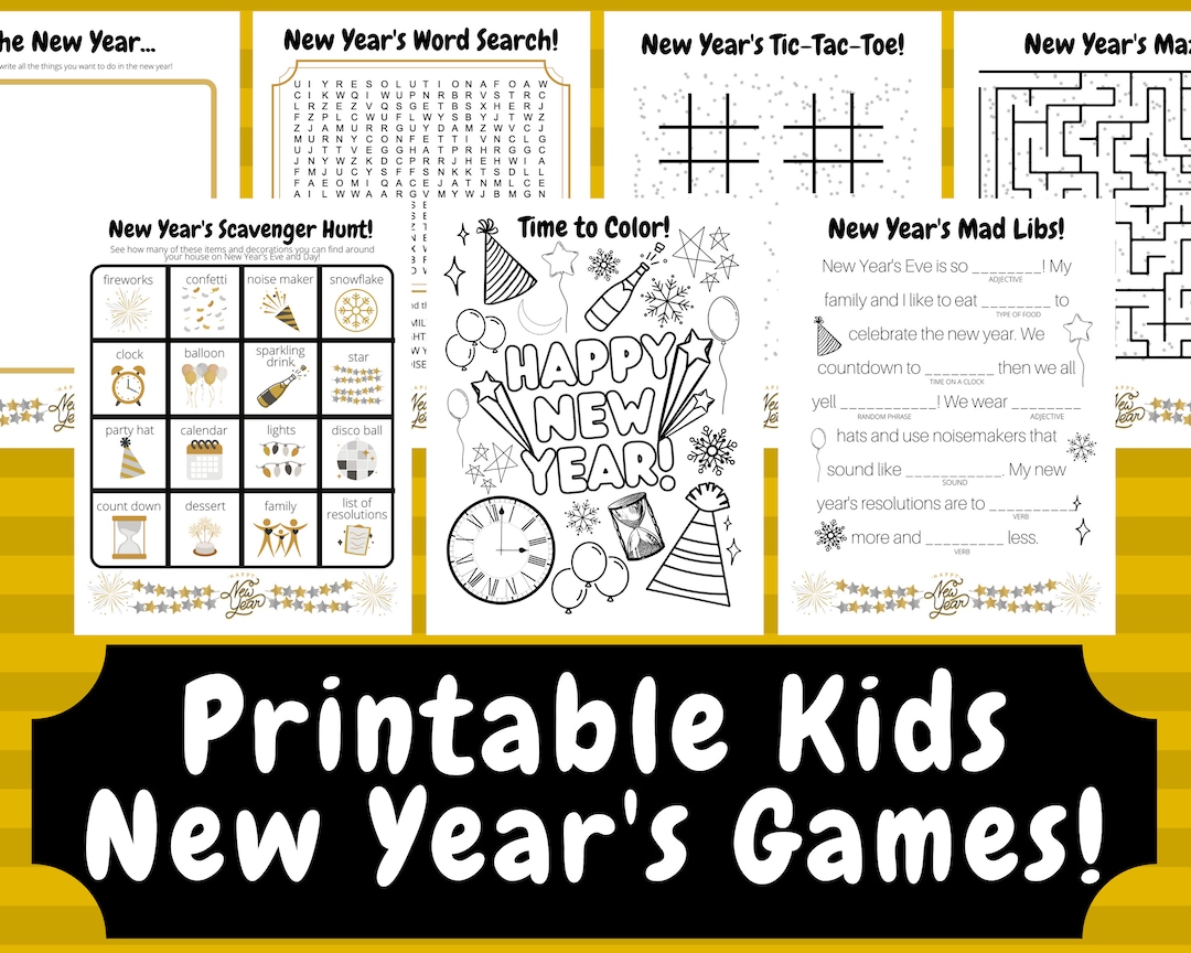 Printable New Year's Games, New Year's Eve Kids Games, New Year's ...