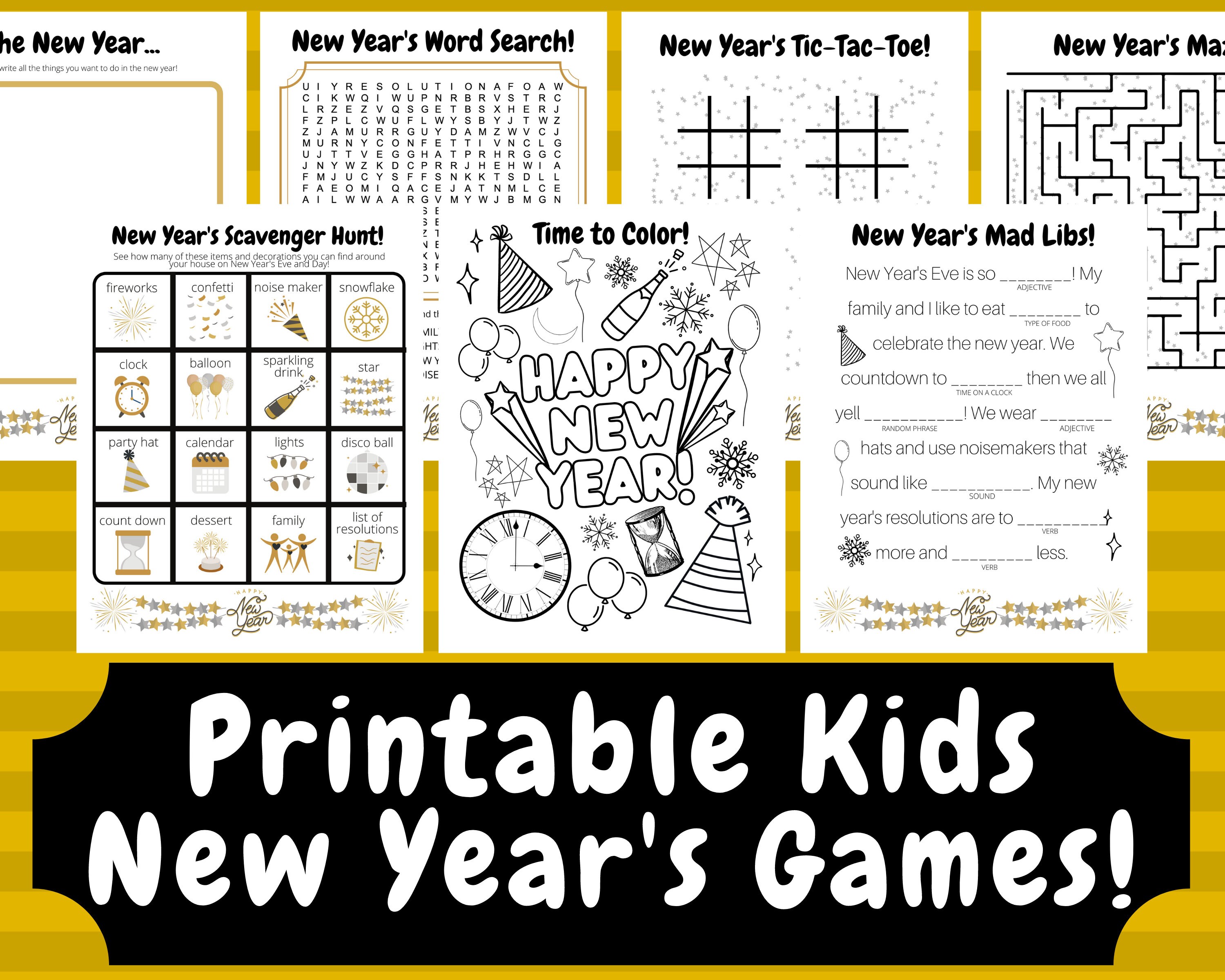 Printable New Year's Games, New Year's Eve Kids Games, New Year's ...