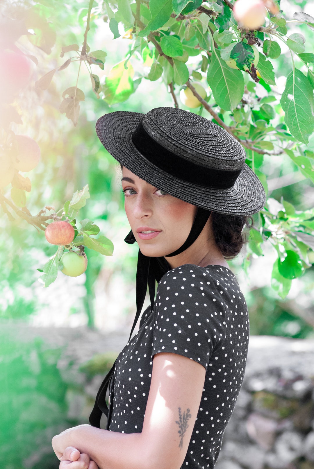 Small Brim Boater Hat in Black - Edwardian Inspired Vintage Romantic ...
