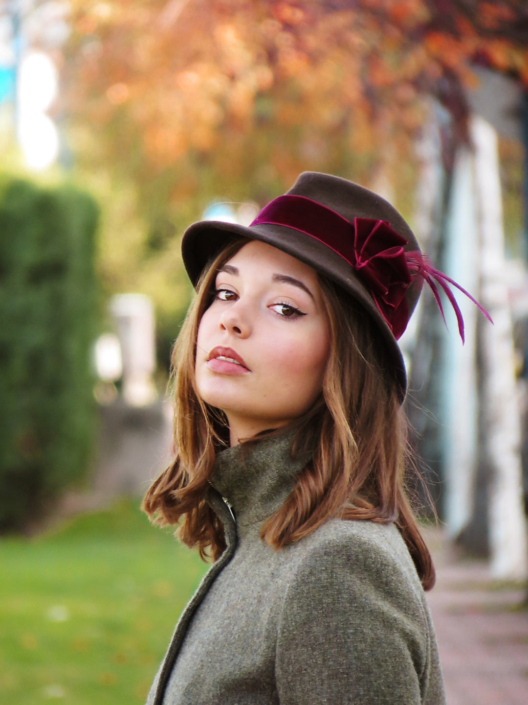Women's Classic Trilby Hat With Maroon Velvet Ribbon and Feathers - Etsy