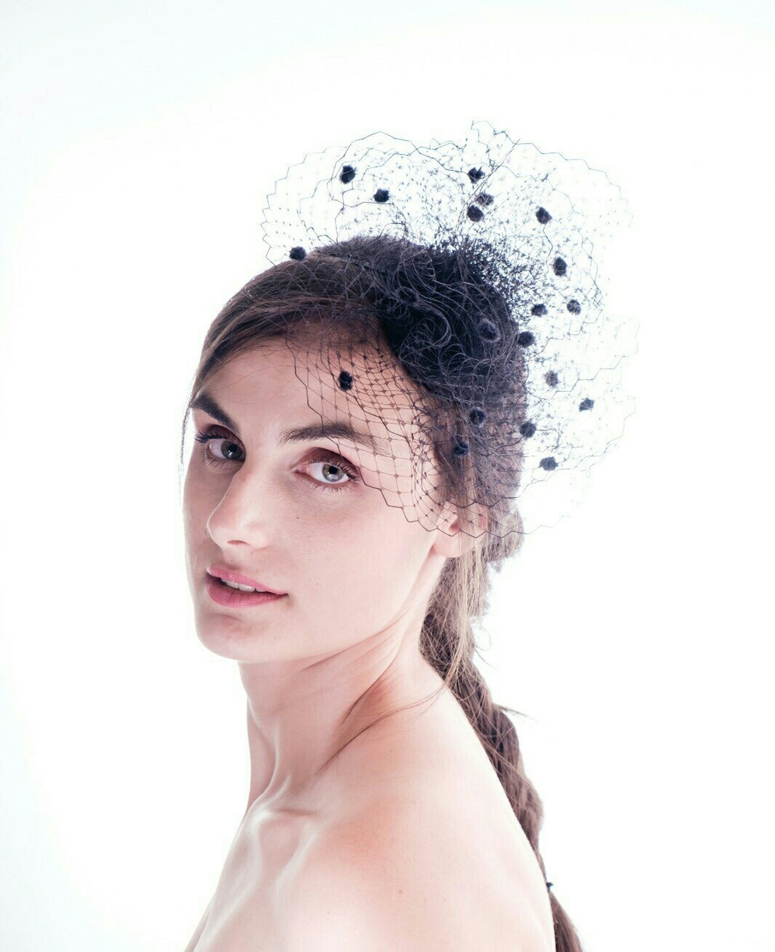 Headpiece With Birdcage Veil, Black Wedding Fascinator, Veiled Black ...