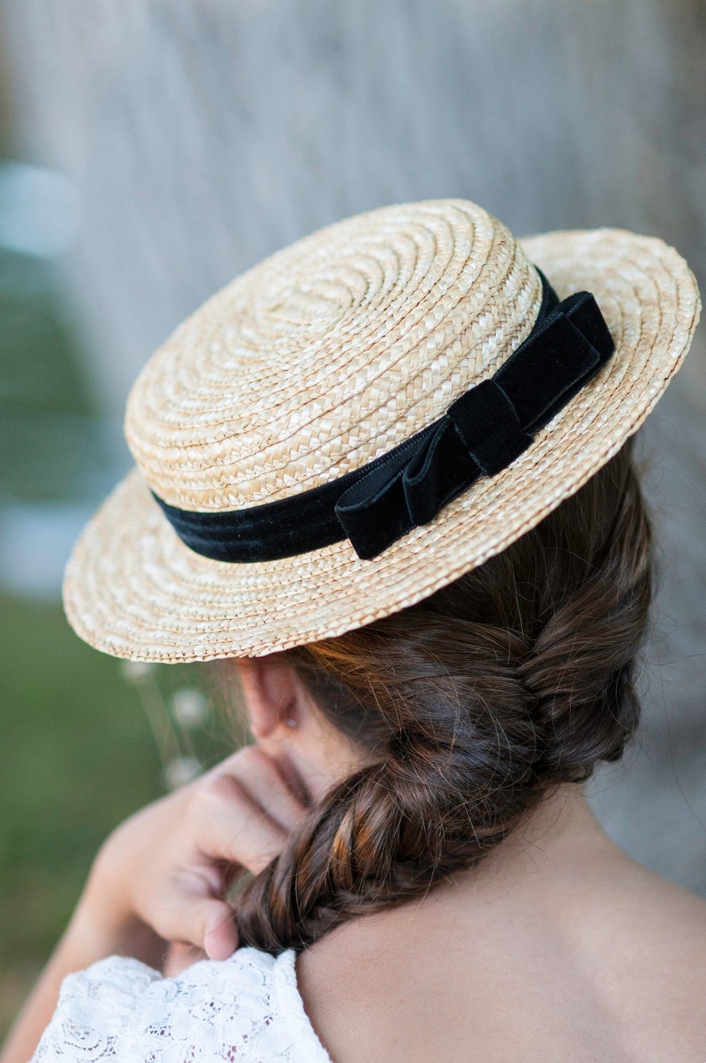 Straw Boater Hat, Black Velvet Ribbon, Edwardian Style - Etsy