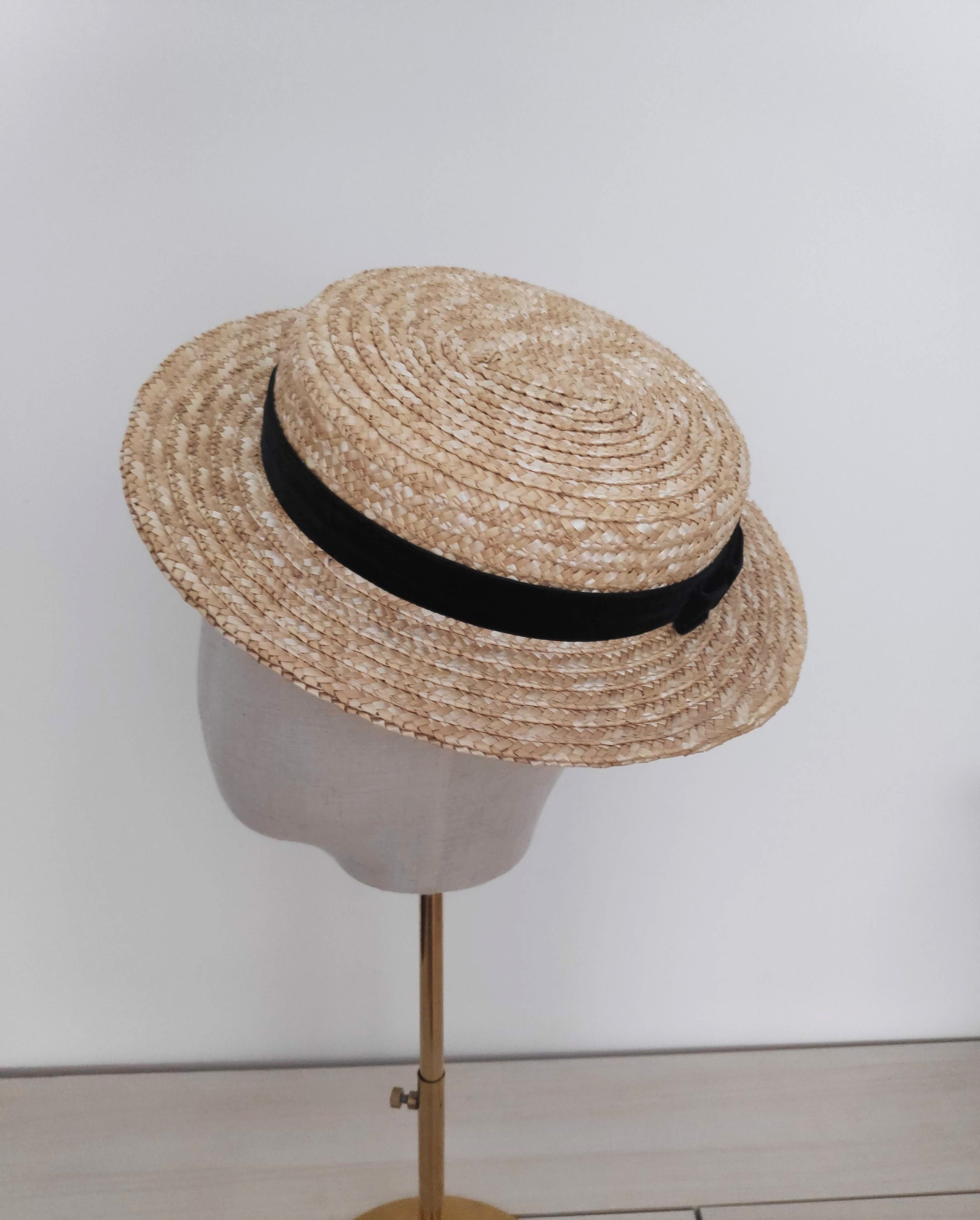 Straw Boater Hat, Black Velvet Ribbon, Edwardian Style - Etsy