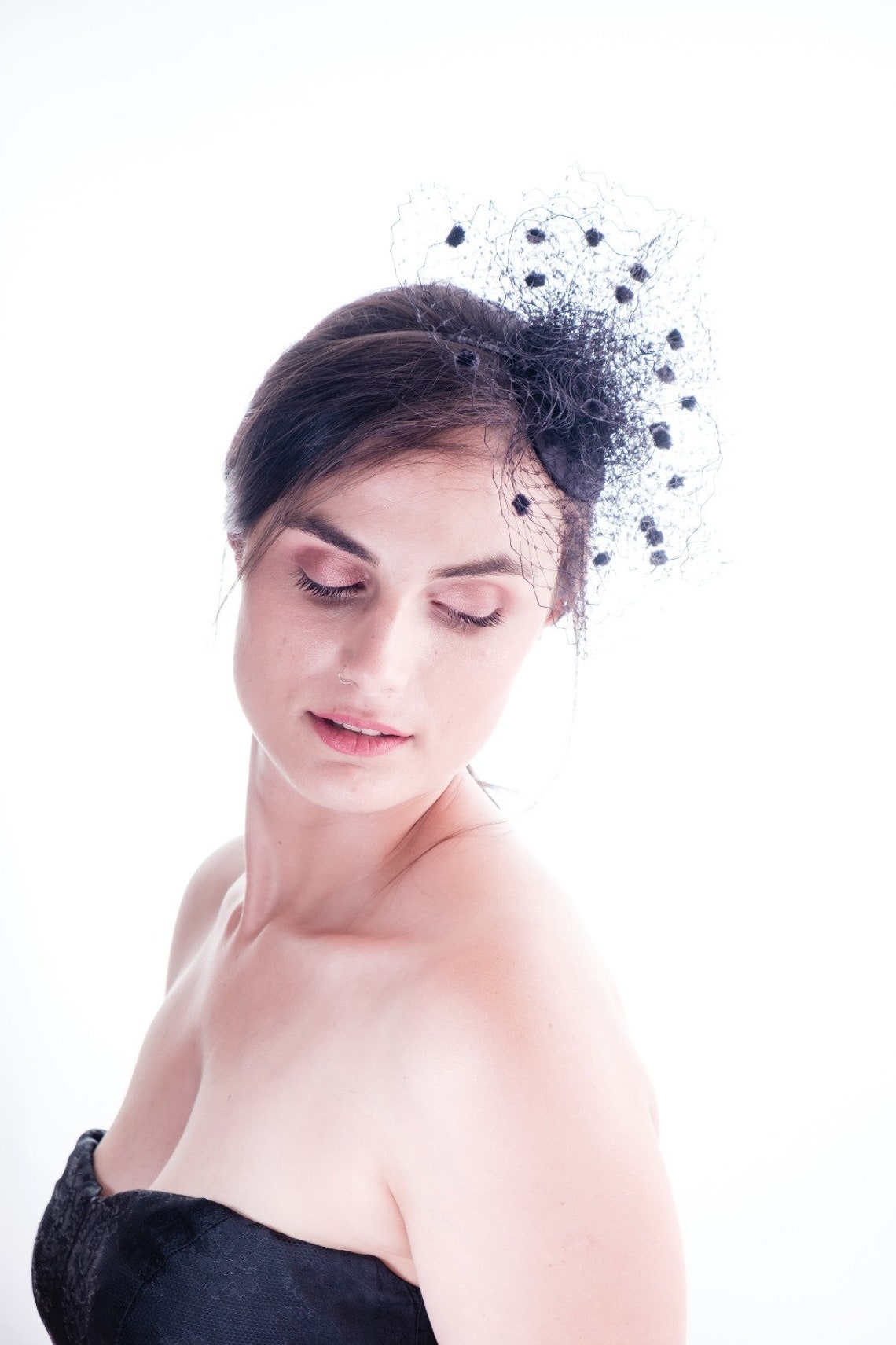 Headpiece With Birdcage Veil Black Wedding Fascinator Veiled - Etsy