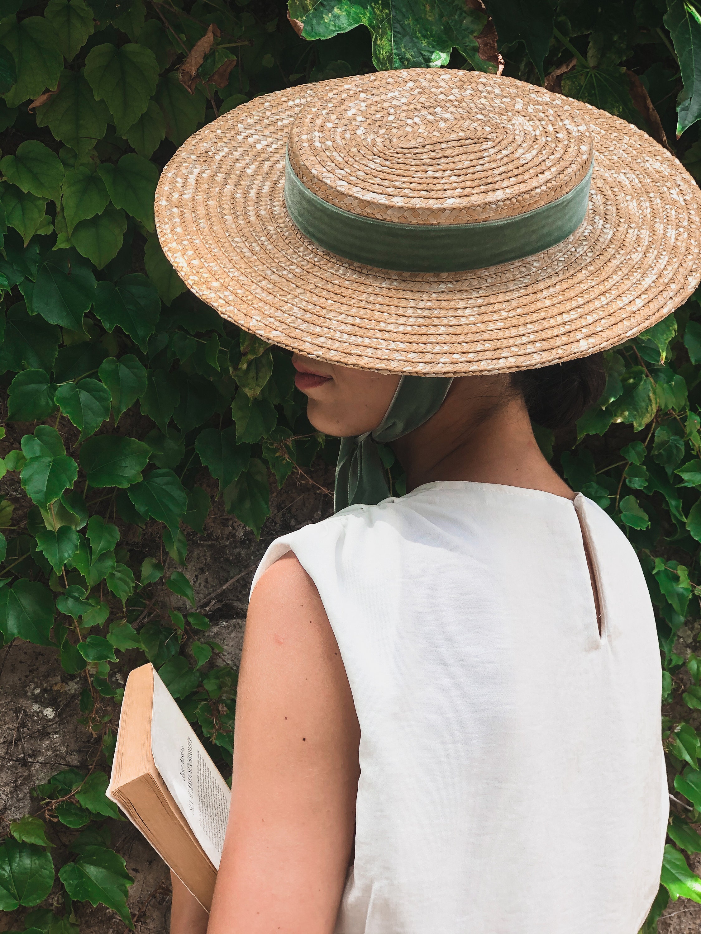 Flat Brim Hat With Light Green Velvet Ribbon Vintage Style | Etsy