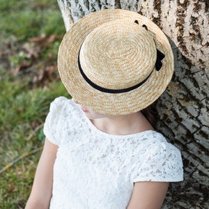 Flat Brim Straw Hat With Black Velvet Ribbon - Chic, Small Brim Boater ...