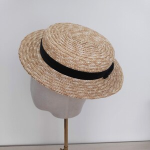 Flat Brim Straw Hat With Black Velvet Ribbon - Chic, Small Brim Boater ...
