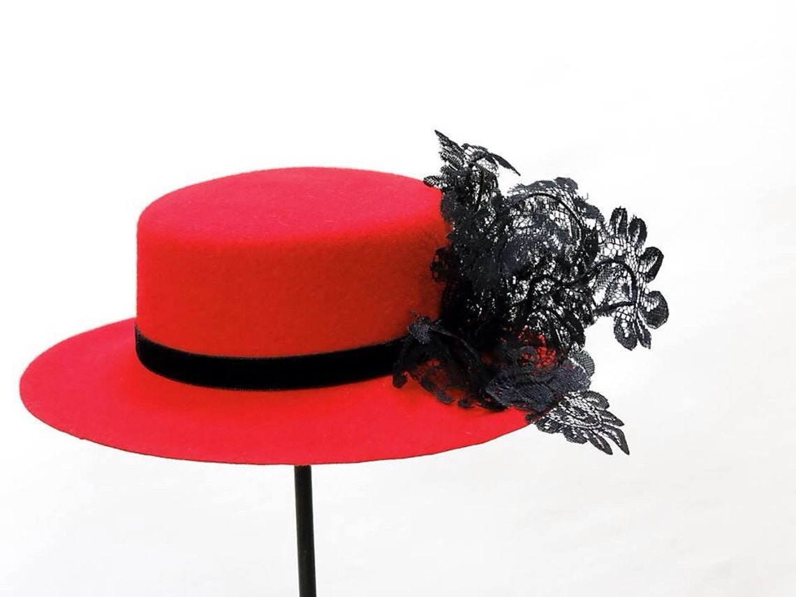 Red Wool Felt Boater Hat Felt Canotier Hat Red and Black - Etsy