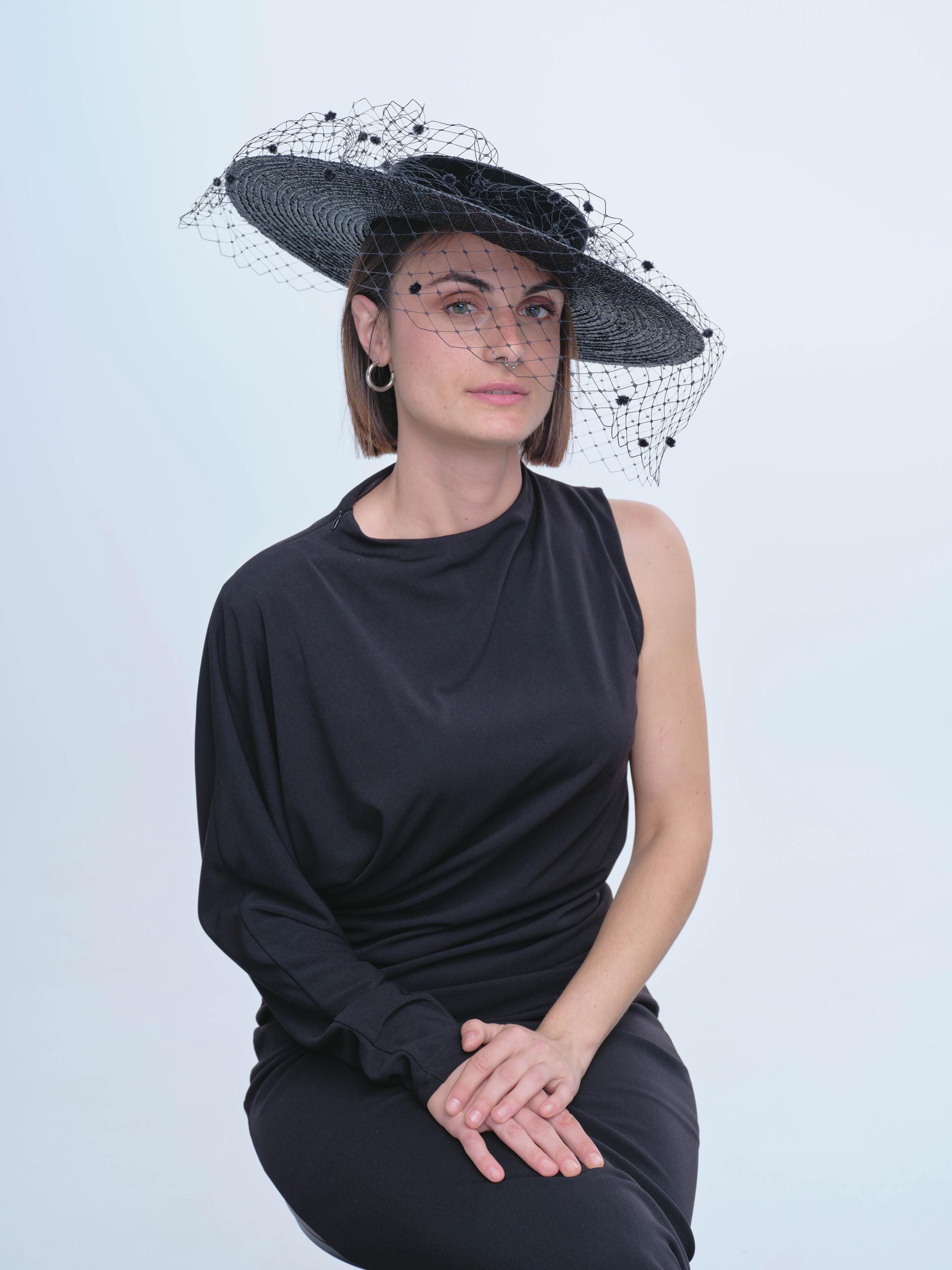 Black Wide Brim Straw Boater Hat With Veil – “cocó” – Velvet Bow Hat ...