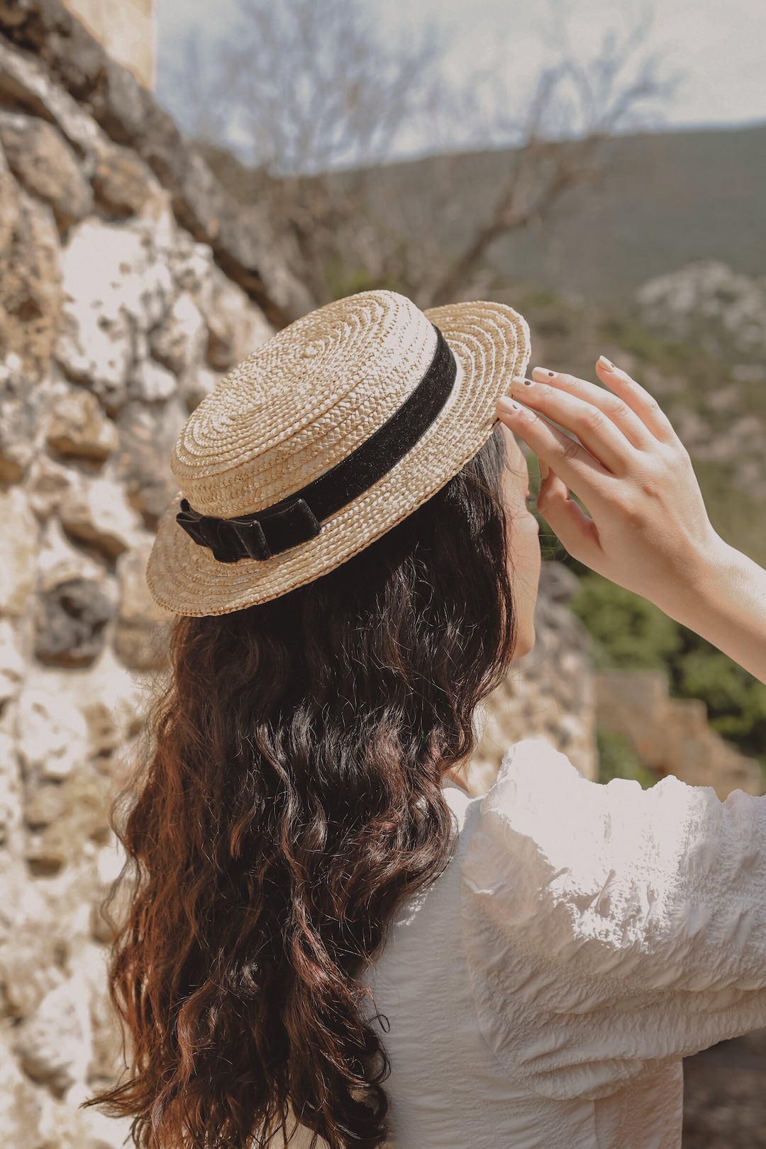 Flat Brim Straw Hat With Black Velvet Ribbon - Chic, Small Brim Boater ...