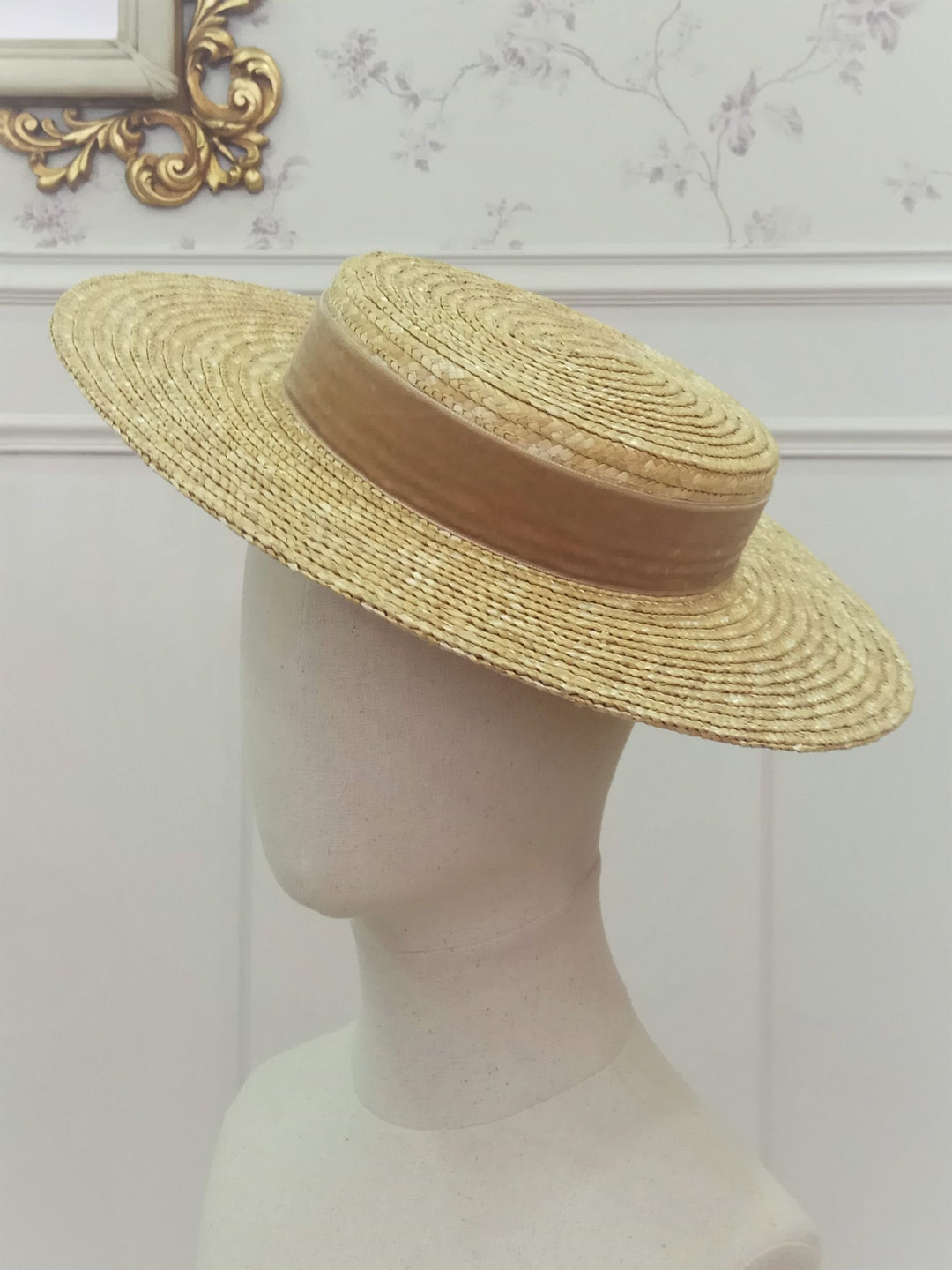 Flat Brim Straw Hat With Beige Velvet Ribbon, Vintage Style Straw ...