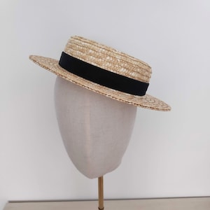 Flat Brim Straw Hat With Black Velvet Ribbon - Chic, Small Brim Boater ...