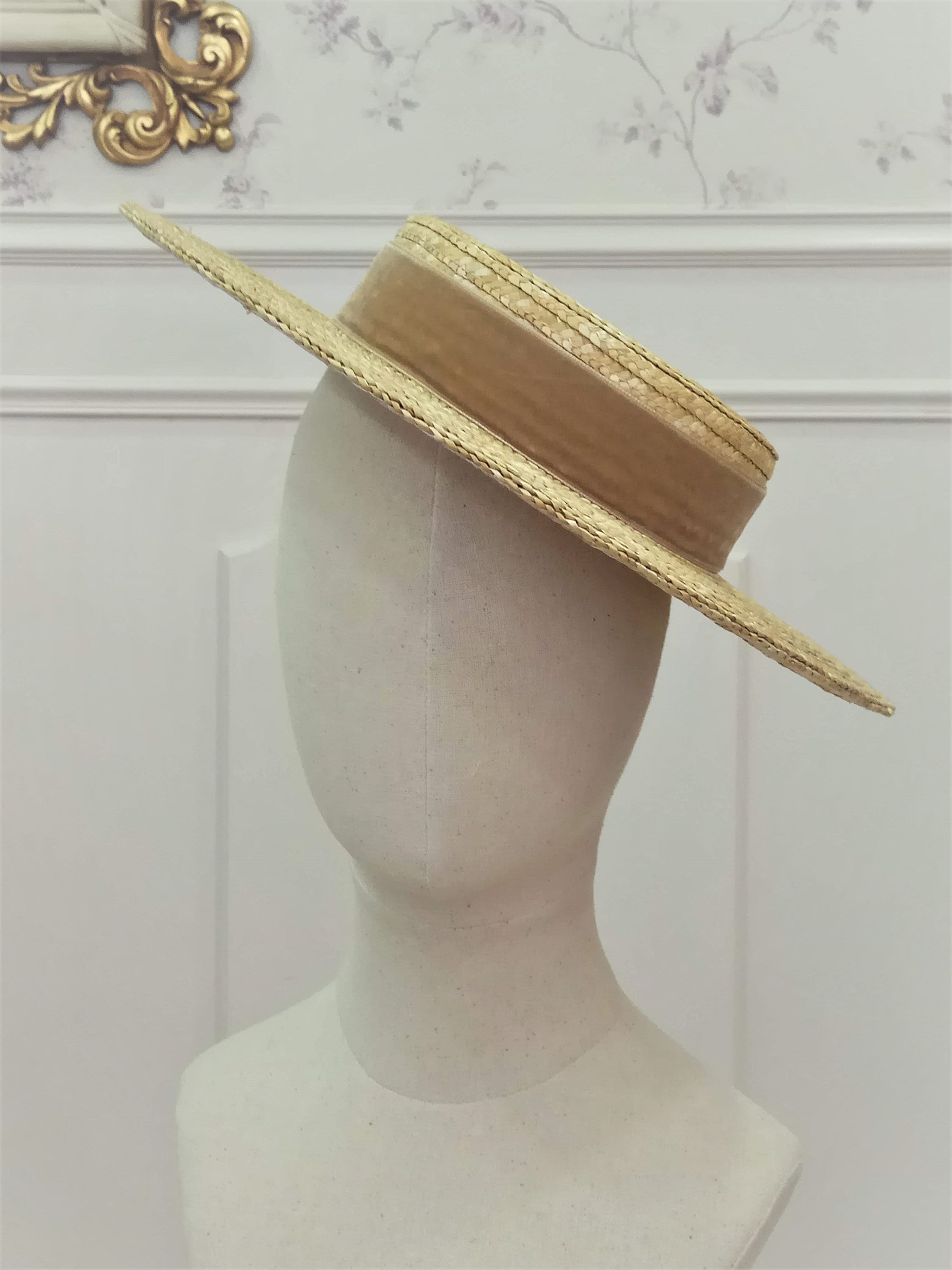 Flat Brim Straw Hat with Beige Velvet Ribbon Vintage Style | Etsy