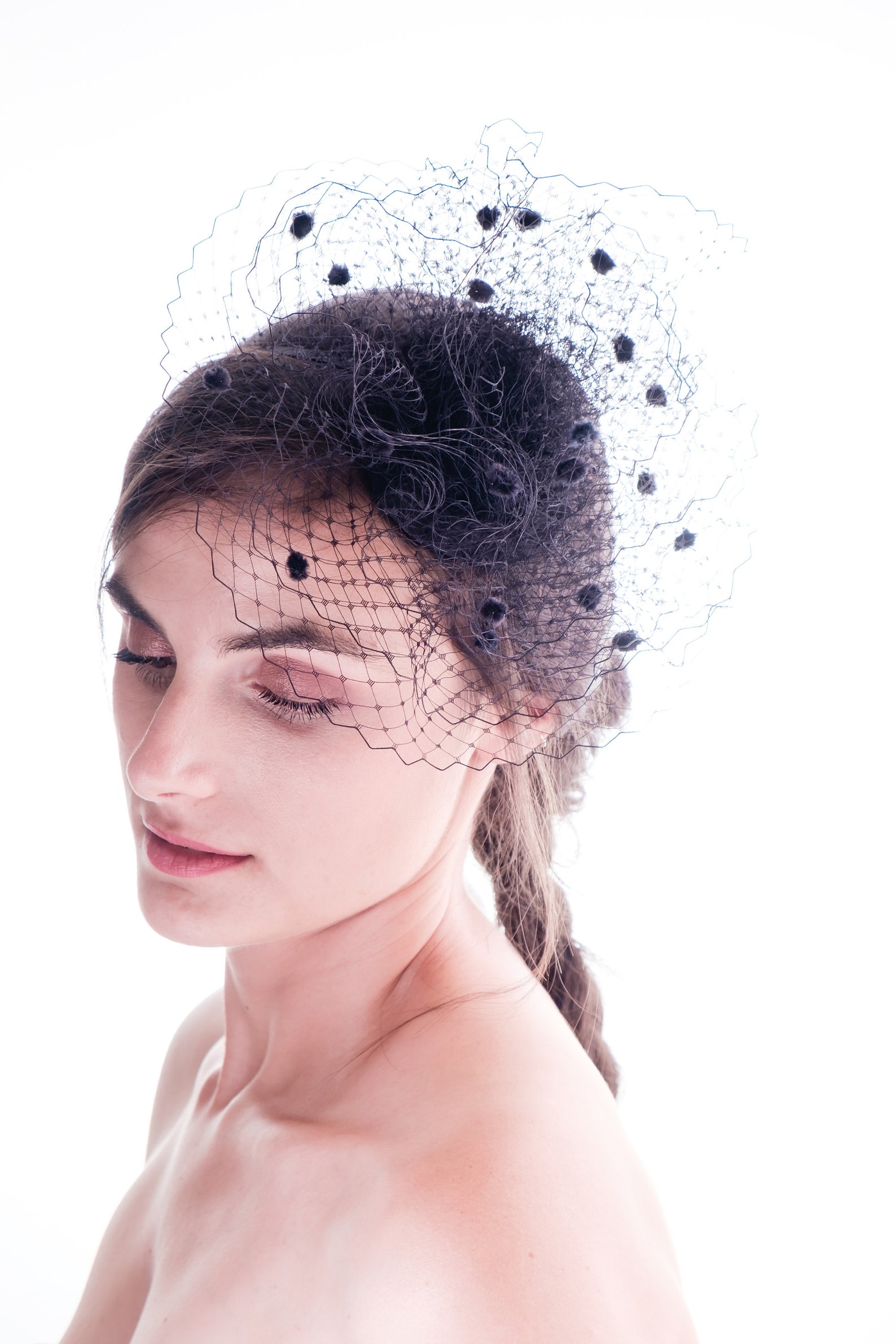 Headpiece With Birdcage Veil, Black Wedding Fascinator, Veiled Black ...