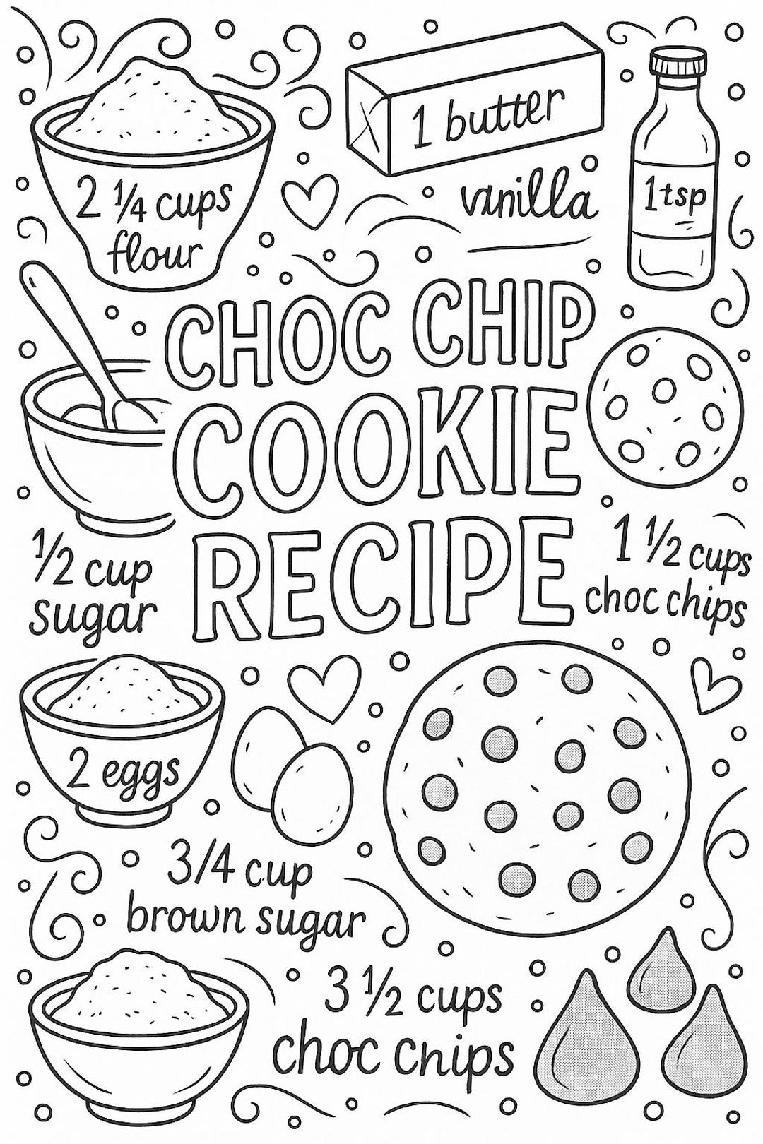Colouring Page, Choc Chip Cookie Recipe,digital Print - Etsy