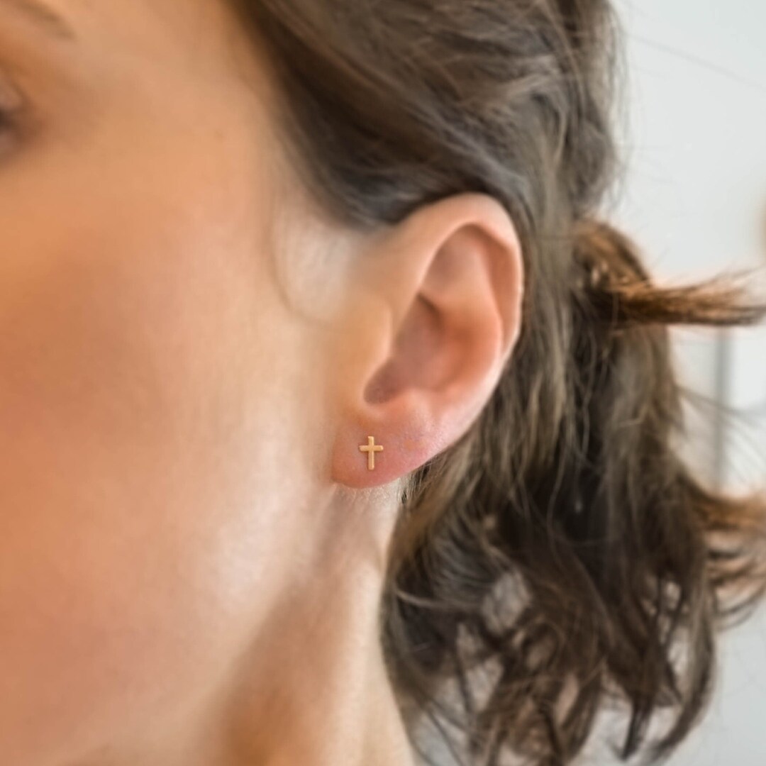 Tiny Cross Stud Earrings in 14k Gold or GF or Sterling Silver, Tiny Cross Post Earrings, Solid ...