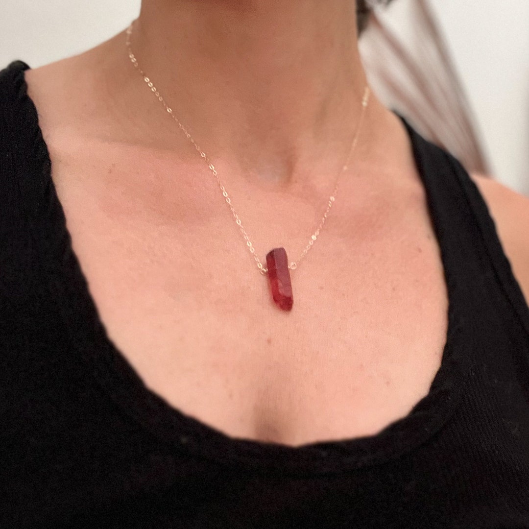 Red Aura Crystal Necklace - Peach Quartz Pendant Necklace, Healing ...
