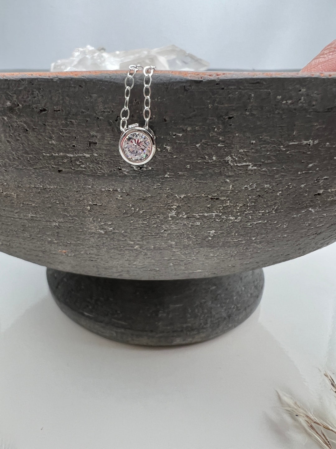 Floating Solitaire, Sterling Silver, Bezel CZ Necklace, Cubic Zirconia ...