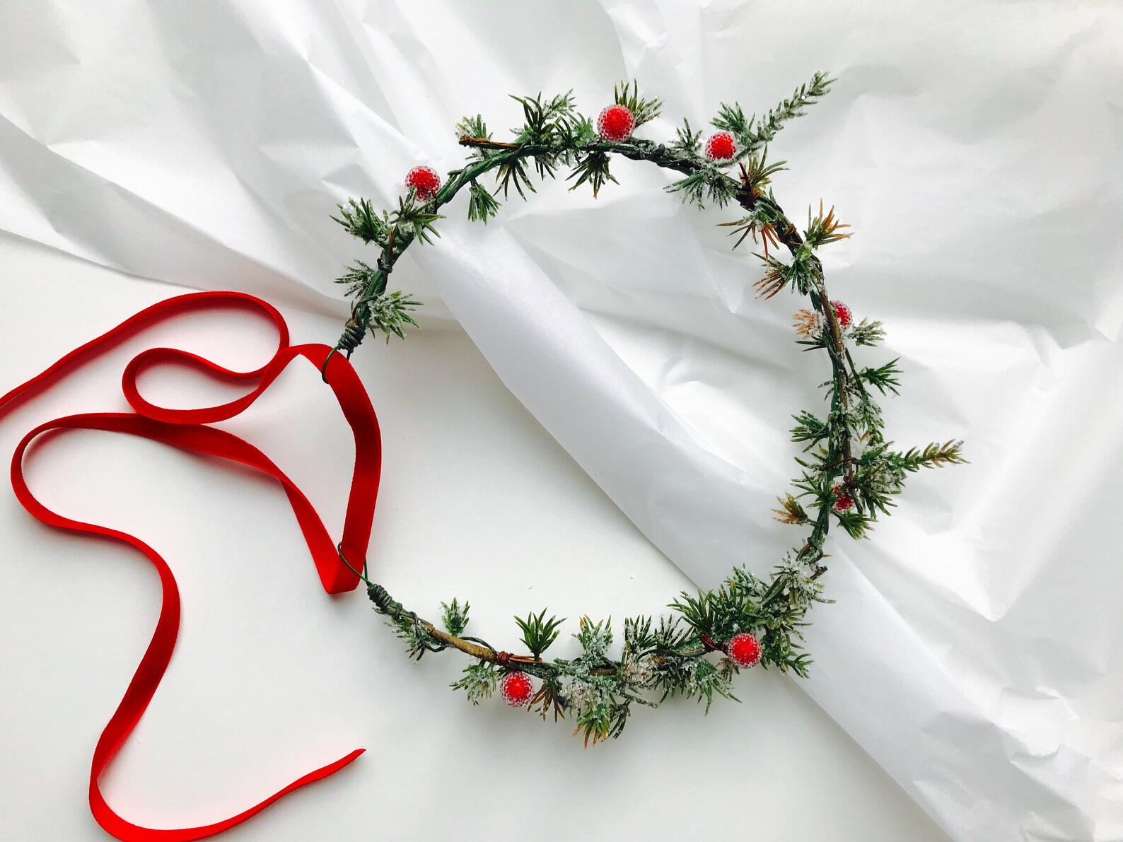 Winter Holiday Crown, Christmas Hair Wreath, Green Berry Headpiece ...