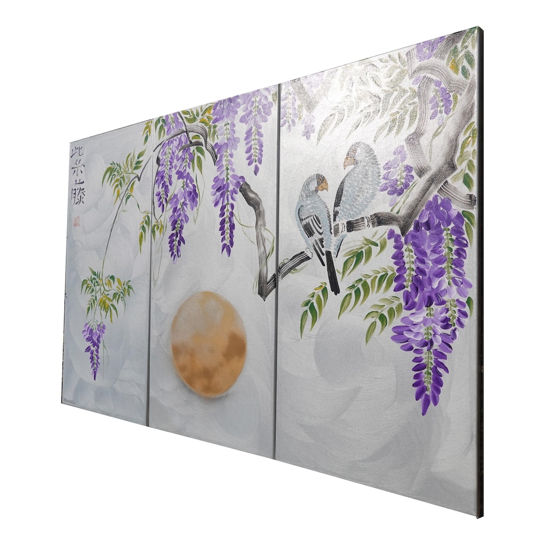 Japanese Lilac Wisteria and Love Birds J221 - Large Silver Triptych ...