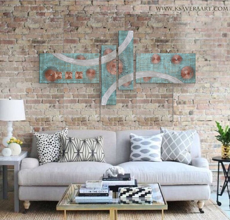Copper Patina Abstract Set 4 Piece Paintings Modern Art A2911/18 ...
