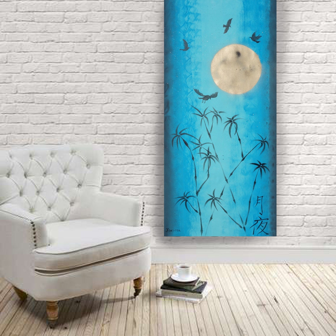 Blue Painting Moonlight Night Moon Zen Japanese Style 80x160 Cm ...